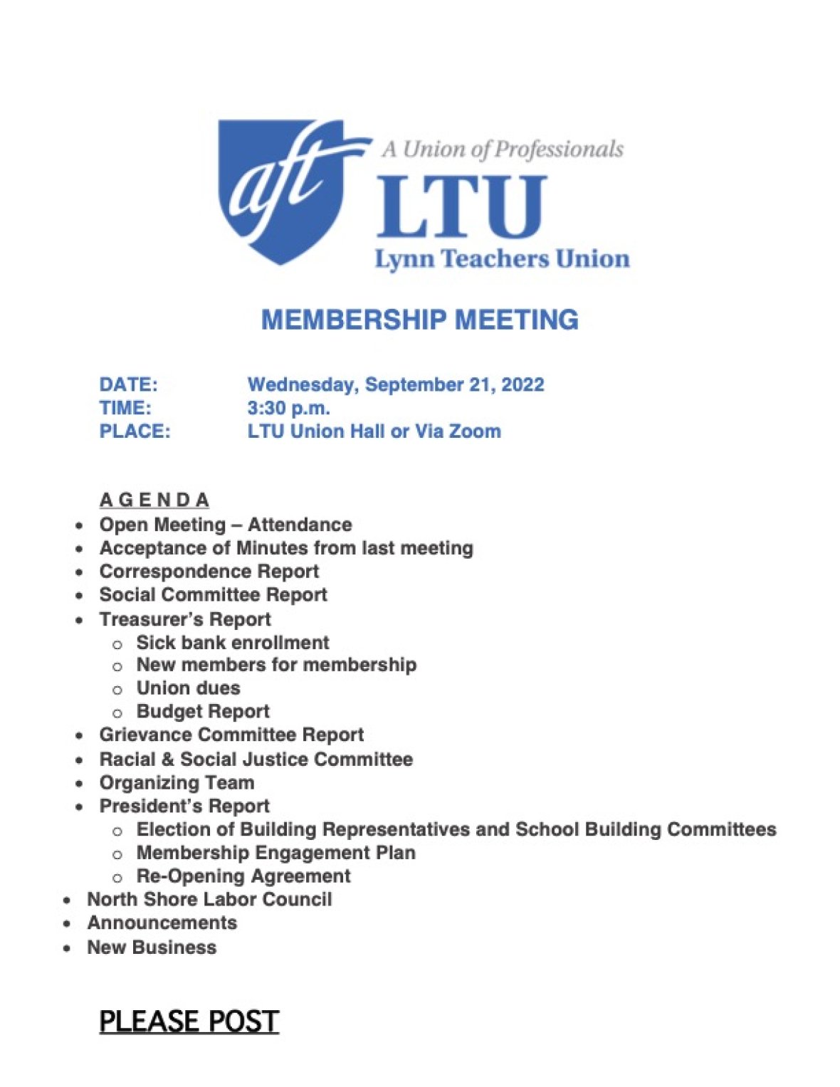 September 2022 Meeting Agenda | Lynn Teachers Union